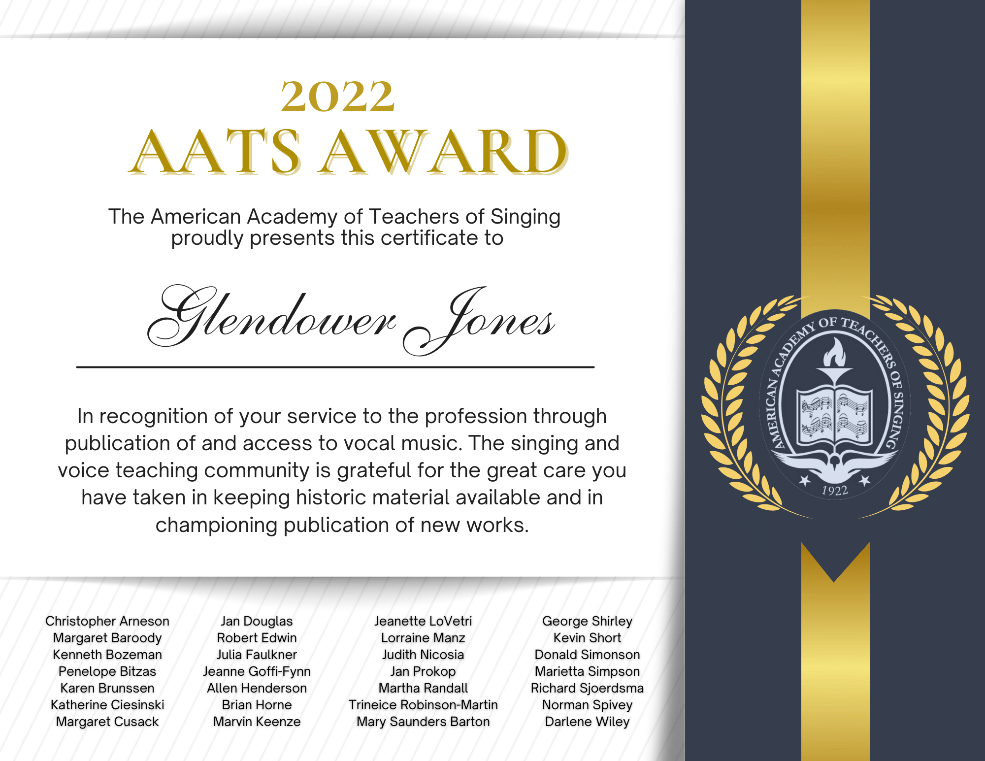 2022 AATS Award Glendower Jones – American Academy of Teachers of Singing
