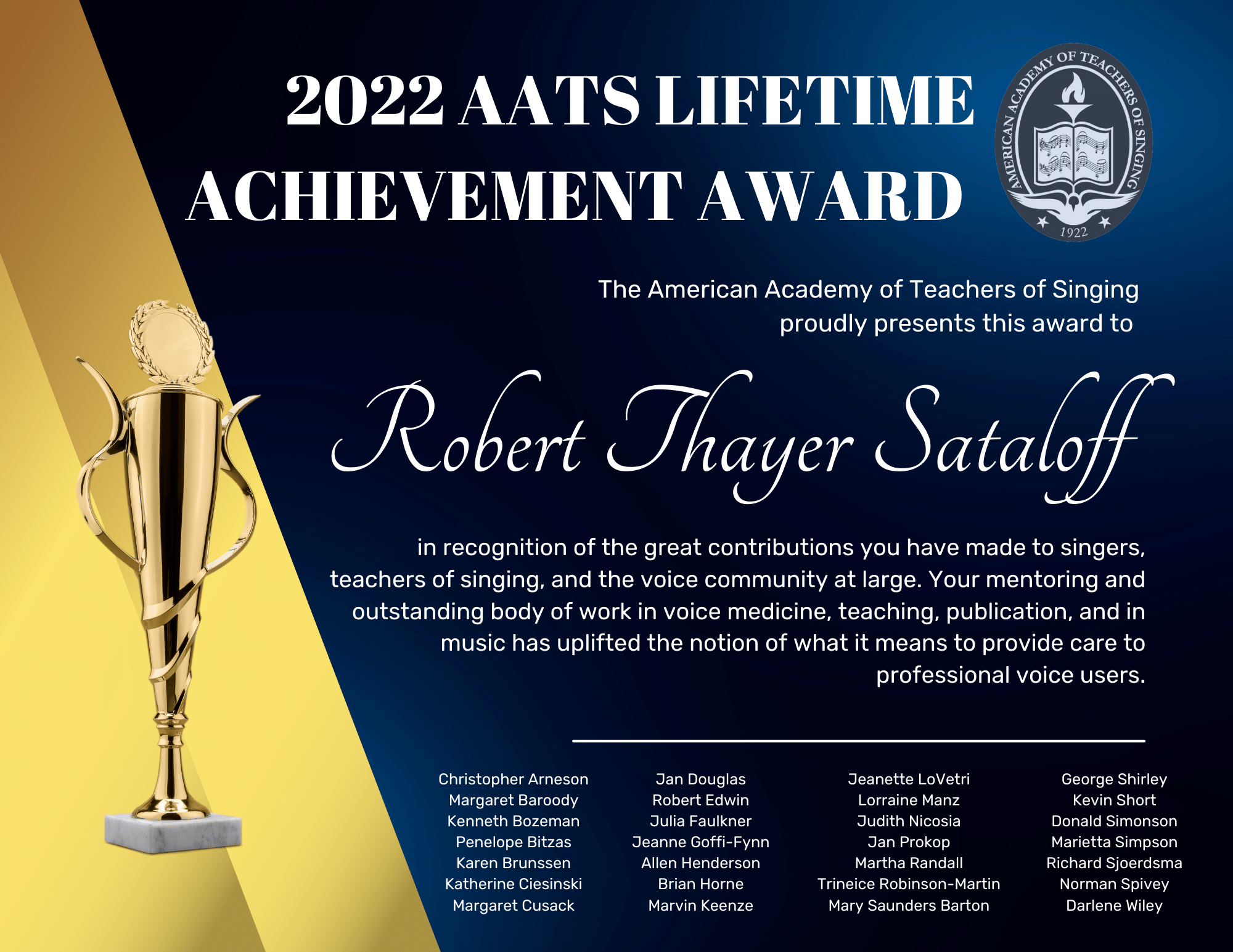 2022 AATS Lifetime Achievement Award Robert Sataloff – American Academy ...