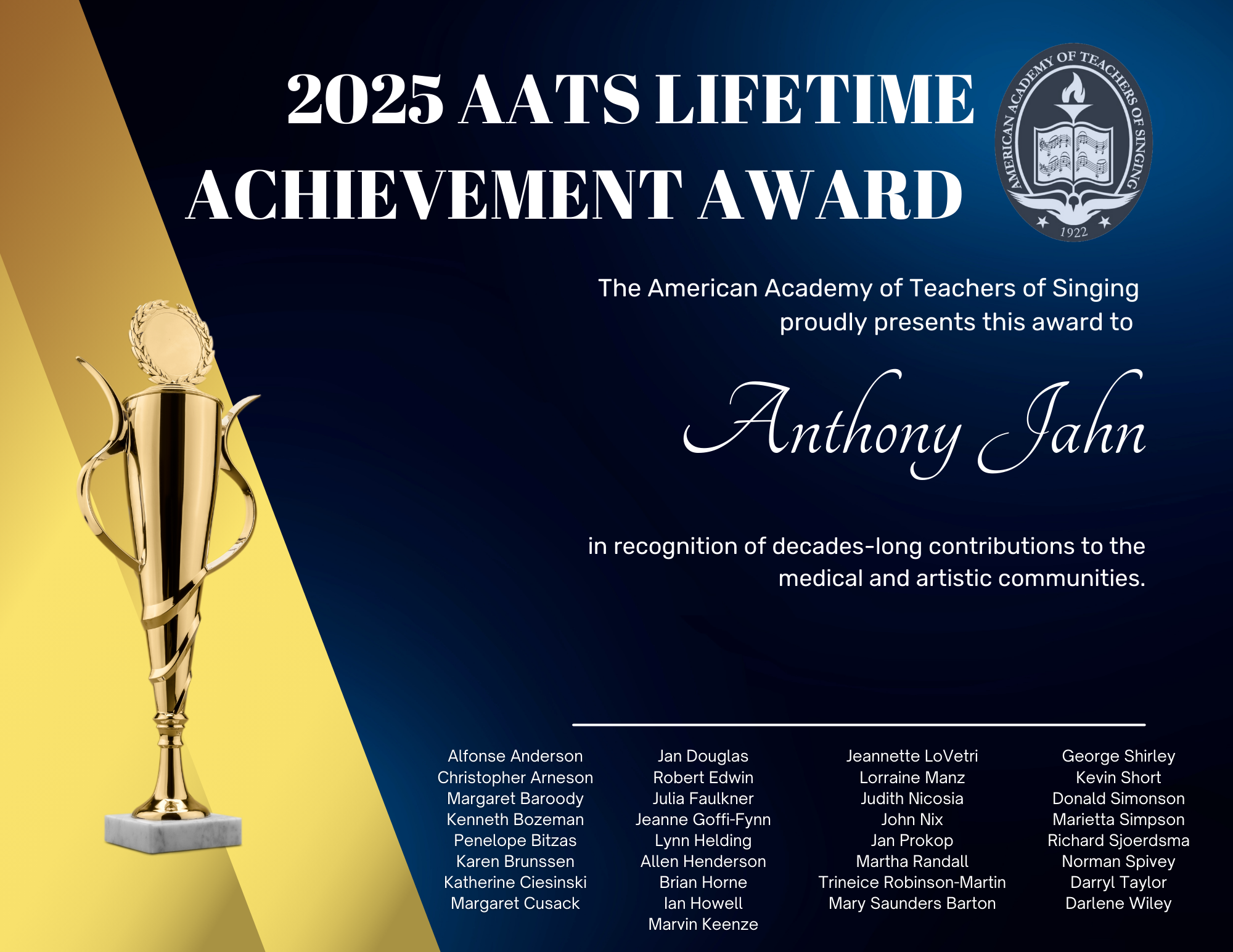 2025 AATS Lifetime Achievement Award Anthony Jahn – American Academy of ...